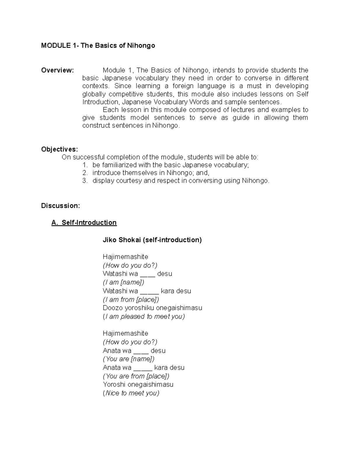 Nihongo Module 1: Basics of Japanese Vocabulary & Self-Introduction ...