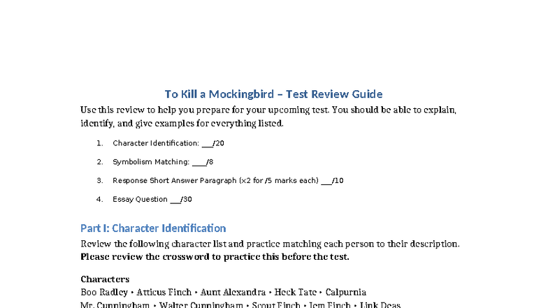 ELA 20 To Kill a Mockingbird Test Prep Guide - Studocu