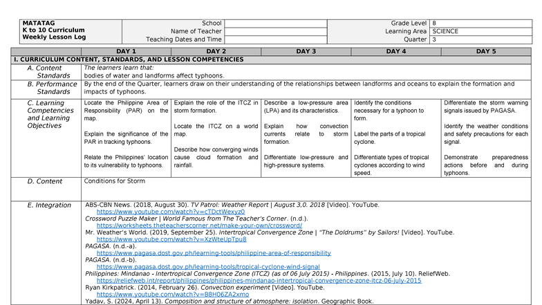 Grade 8 Science Weekly Lesson Log (Quarter 3, Week 4) - Studocu