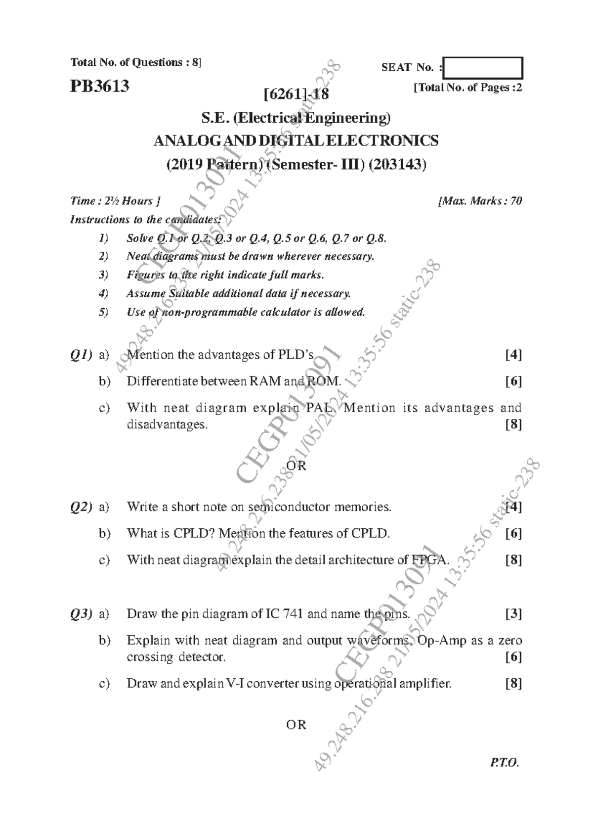 S.E. (Electrical Engineering) Analog & Digital Electronics Exam QP (203143) - Studocu