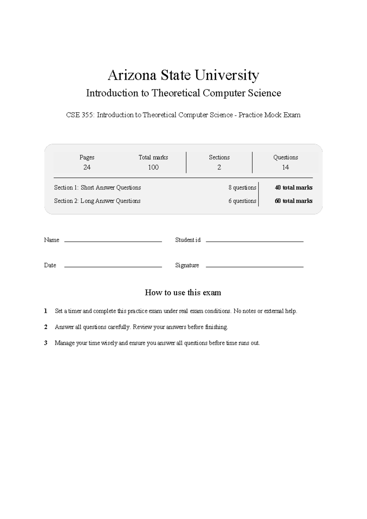 CSE 355: ASU Introduction to Theoretical Computer Science Practice Mock ...