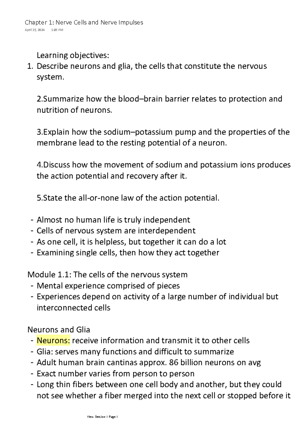 Chapter 1: Nerve Cells & Impulses Overview (Biology 101) - Studocu