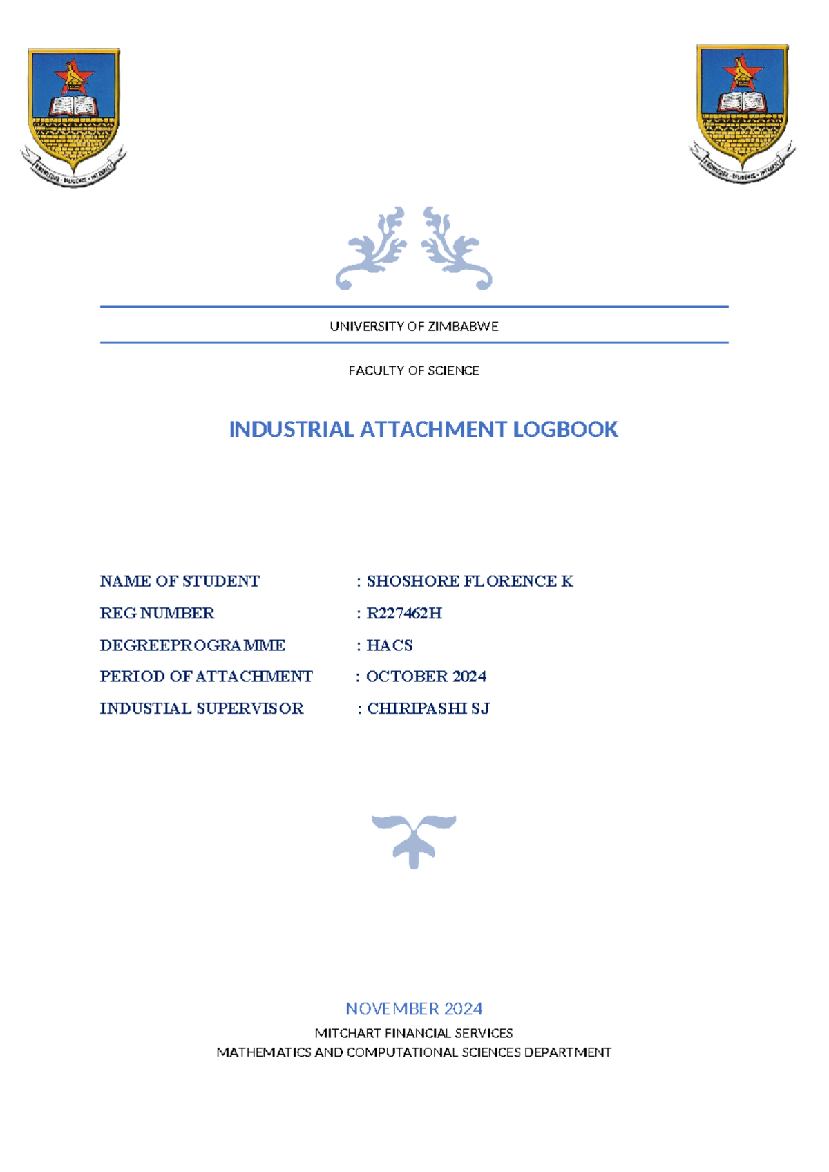 HACS Industrial Attachment Logbook - Shoshore Florence K (Oct 2024 ...