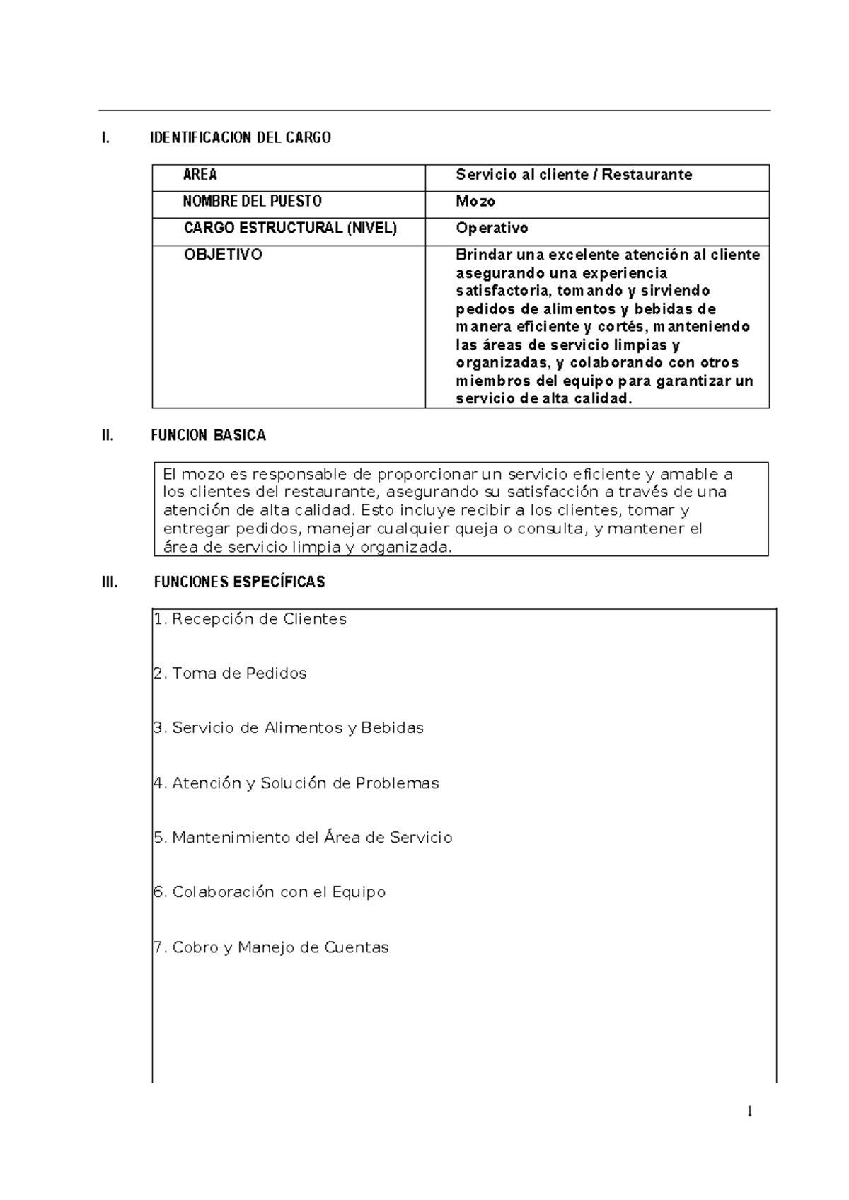 MOF actividad - ....... - I. IDENTIFICACION DEL CARGO AREA Servicio al ...