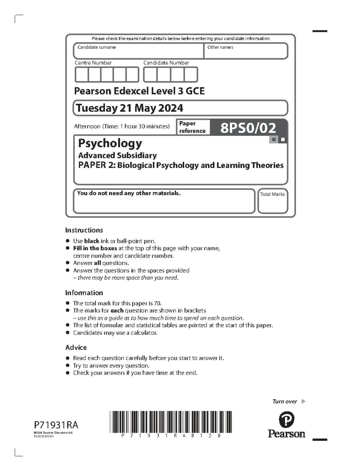 8PS0 02 - Past Exam Paper: Psychology Exam Details & Instructions - Studocu