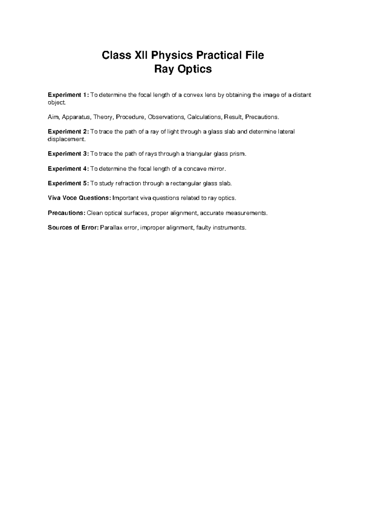 Class XII Physics Practical File: Ray Optics Experiments - Studocu