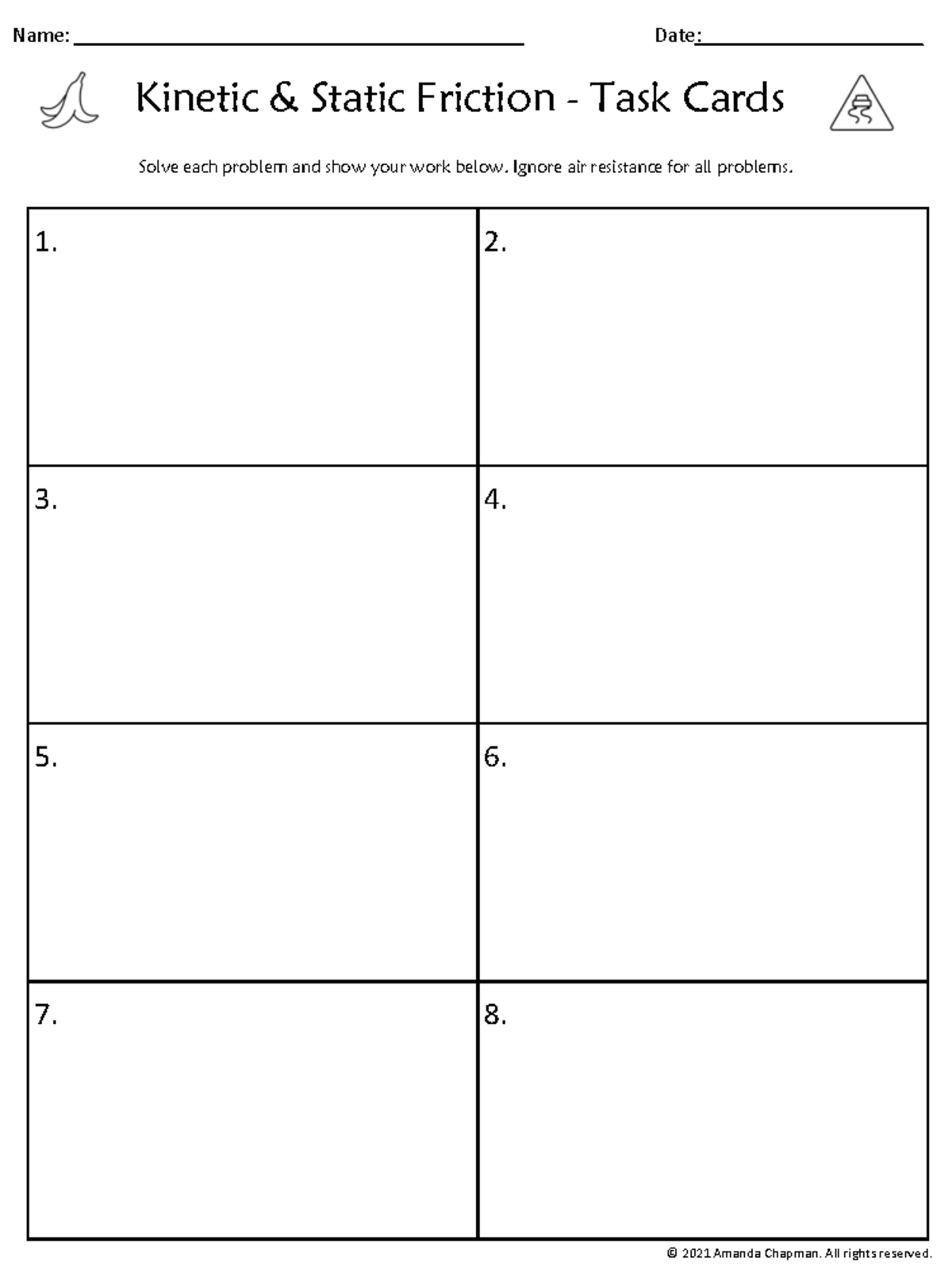 Student Static Kinetic Friction Task Cards - Name