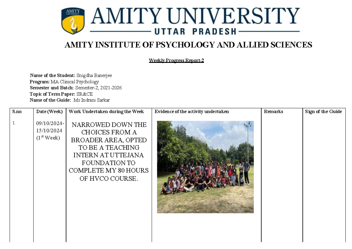 WPR-7 MA Clinical Psychology Weekly Progress Report - Studocu