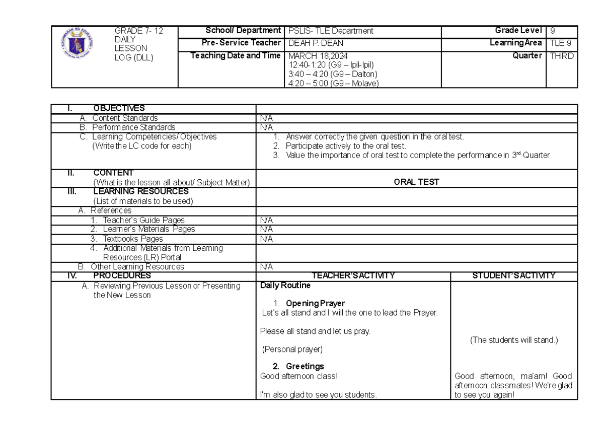 DLL for Oral Recitation - G9 TLE 9 Lesson Plan (March 18) - Studocu
