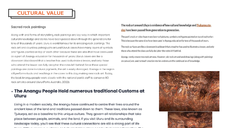 Value of Uluru - SPIRITUAL VALUE CULTURAL VALUE AESTHETIC VALUE According to Australian ...
