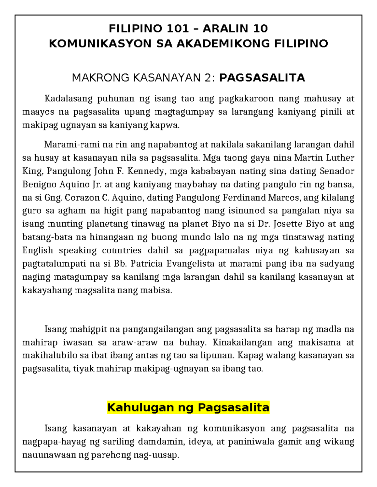 FILIPINO 101 ARALIN 10: KOMUNIKASYON AT PAGSASALITA SA AKADEMIKONG ...