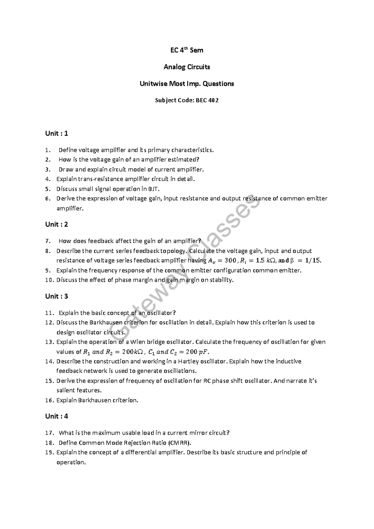 BEC 402 Analog Circuits Unitwise Important Questions - Studocu