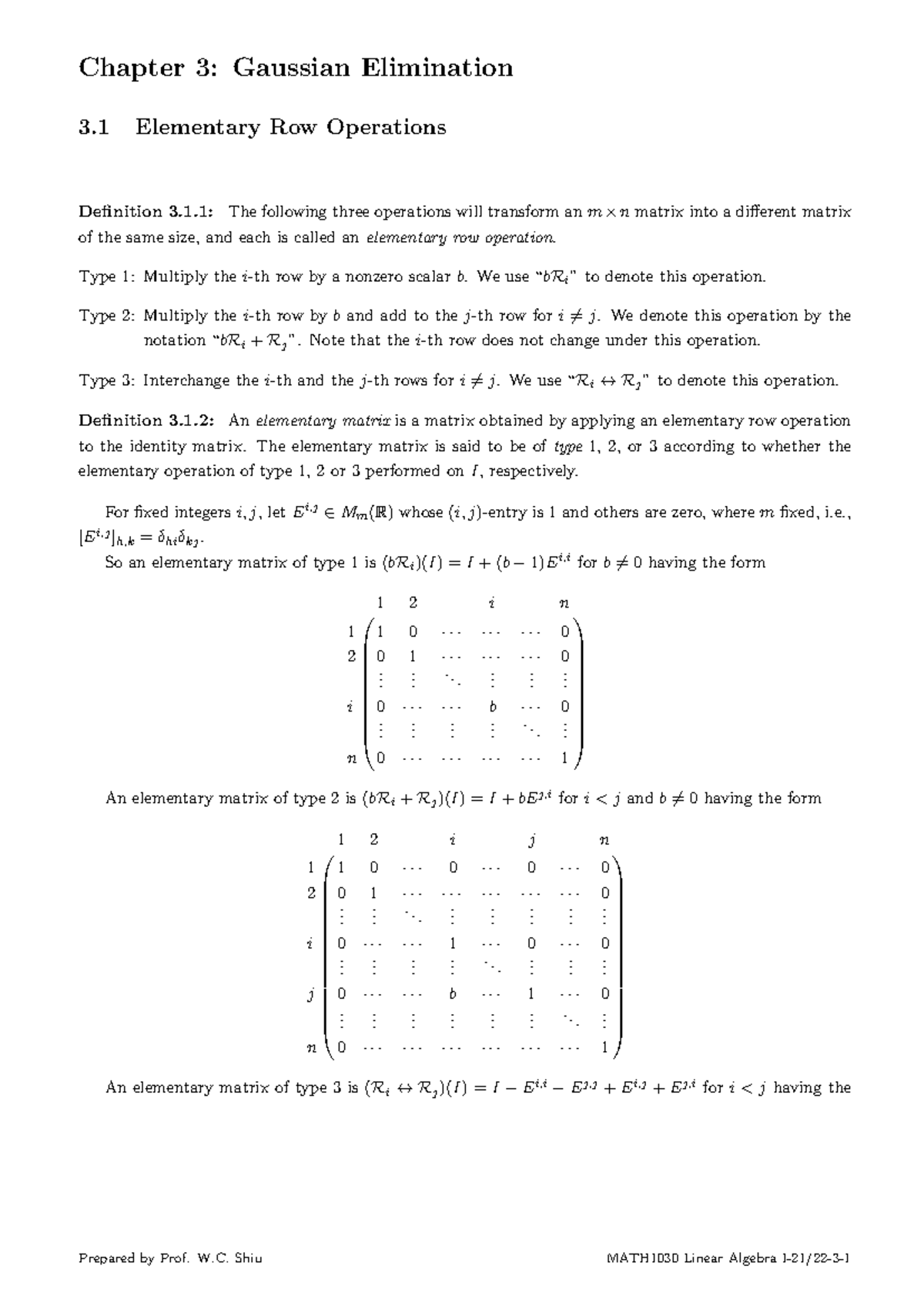 MATH1030 Lecture Notes: Chapter 3 - Gaussian Elimination Techniques ...