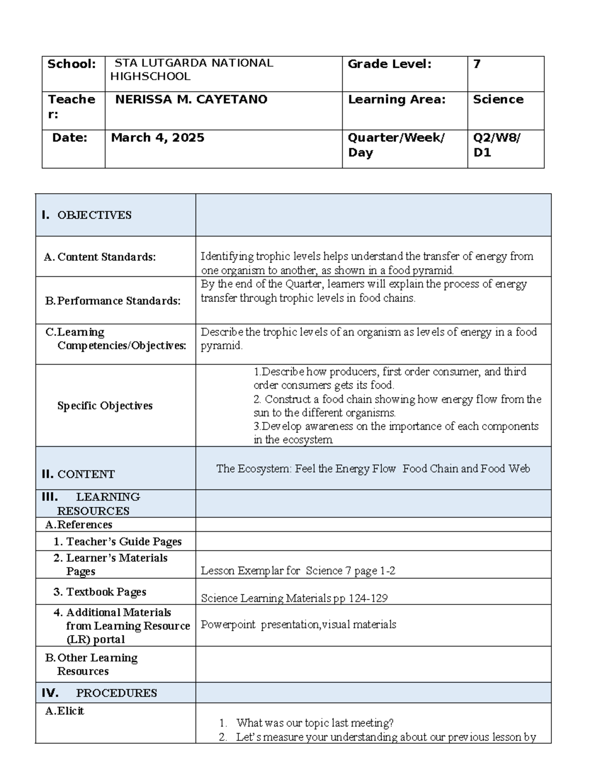 Ecosystem Lesson Plan for Science 7: Energy Flow & Trophic Levels - Studocu