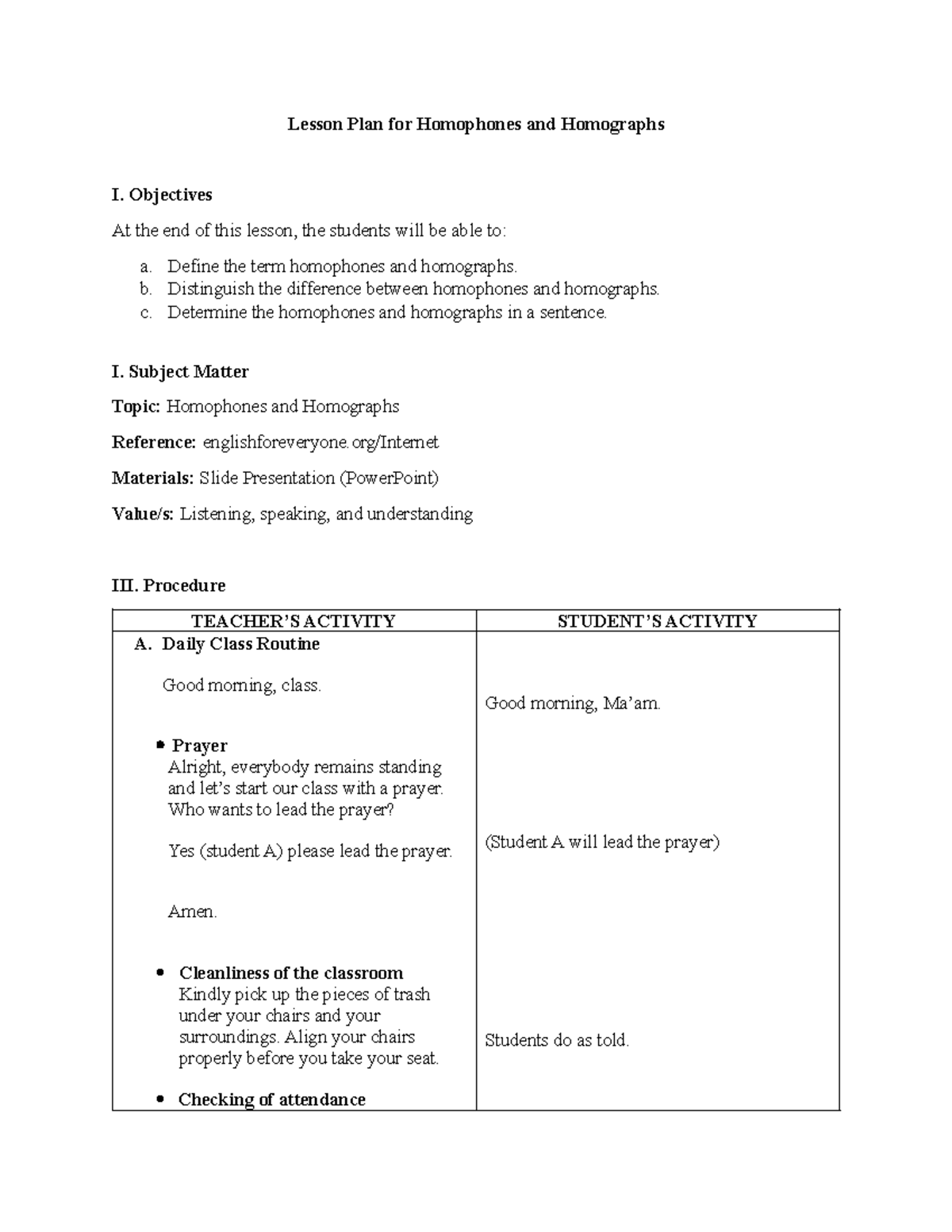Engaging Lesson Plan on Homophones & Homographs for English 101 - Studocu