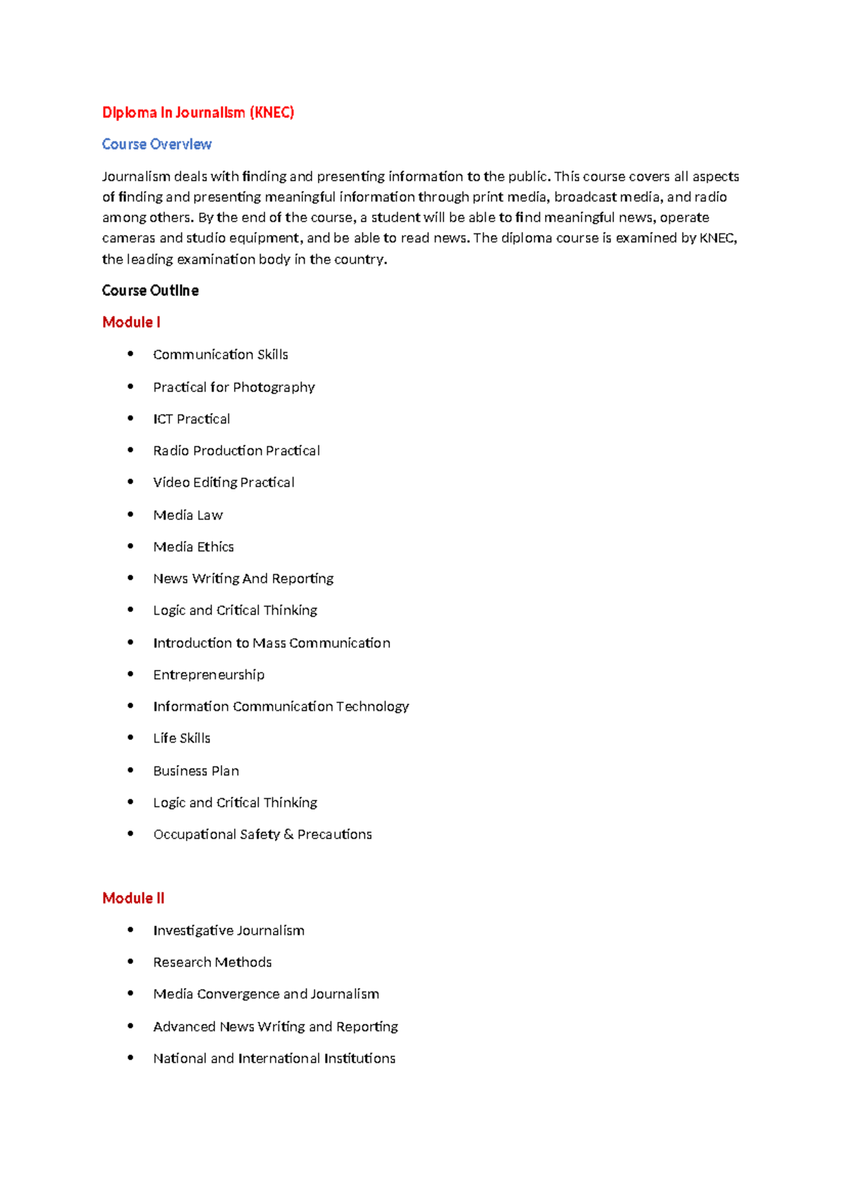 Diploma in Journalism (KNEC): Comprehensive Course Structure and ...