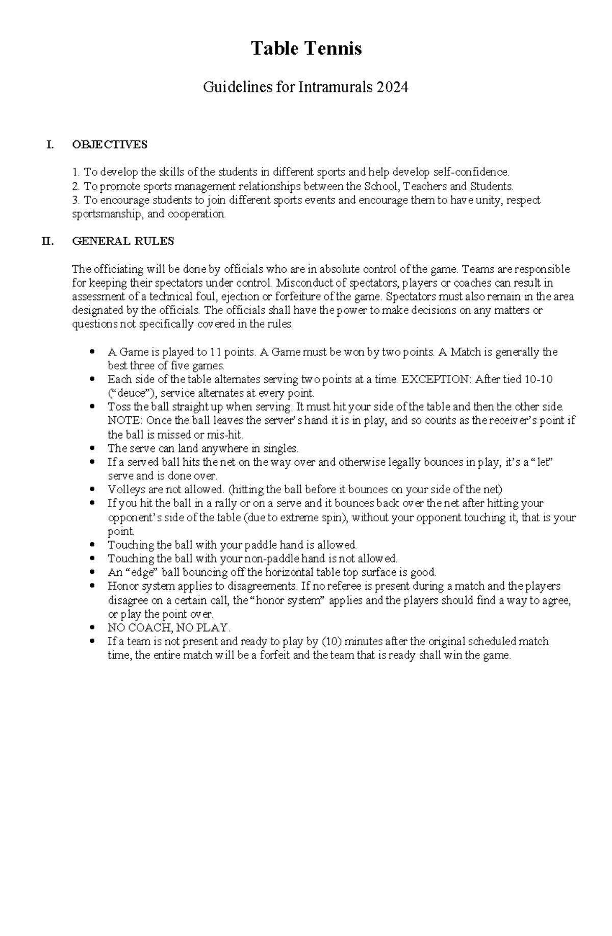 Table Tennis Intramural Guidelines 2024 - Studocu