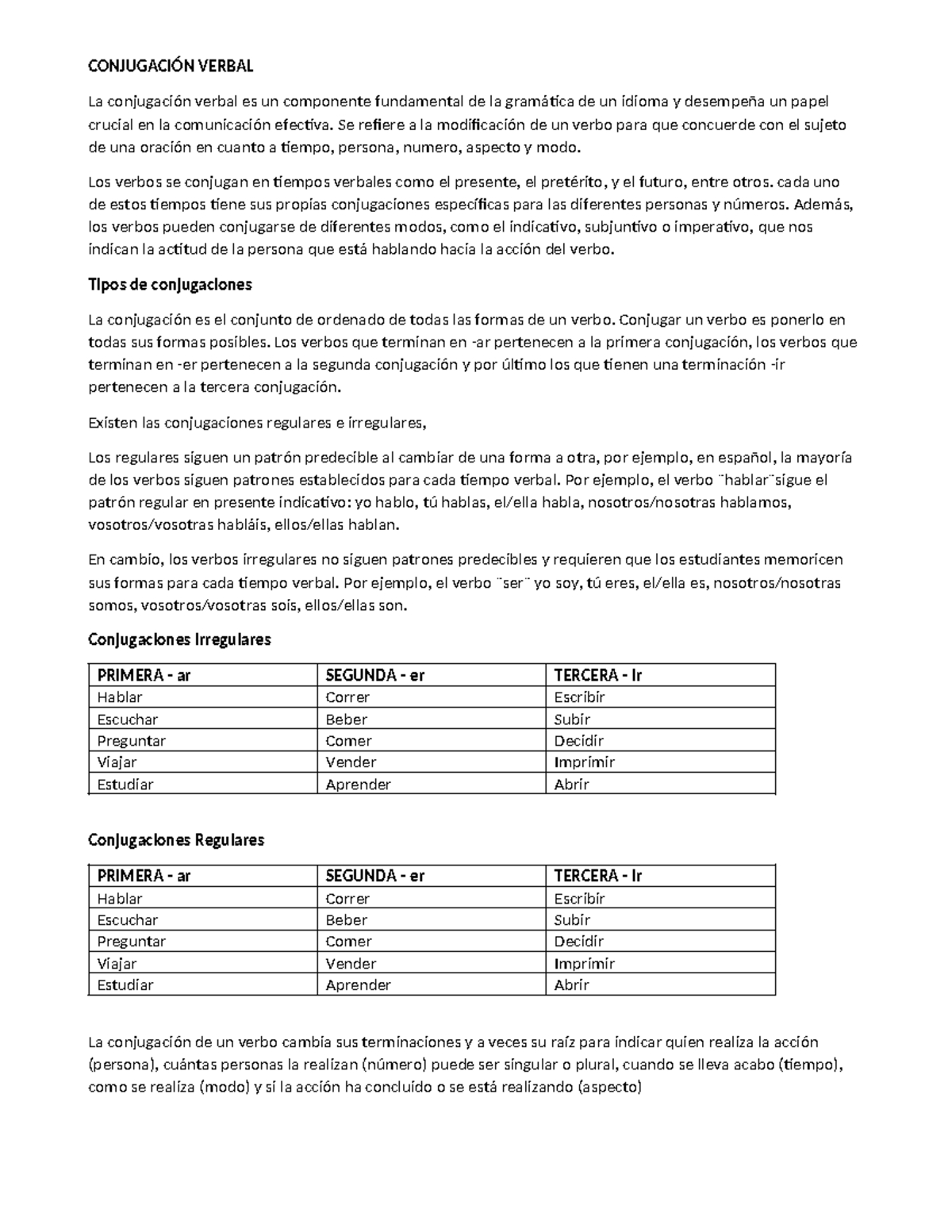 Conjugación Verbal - CONJUGACIÓN VERBAL La conjugación verbal es un componente fundamental de la ...