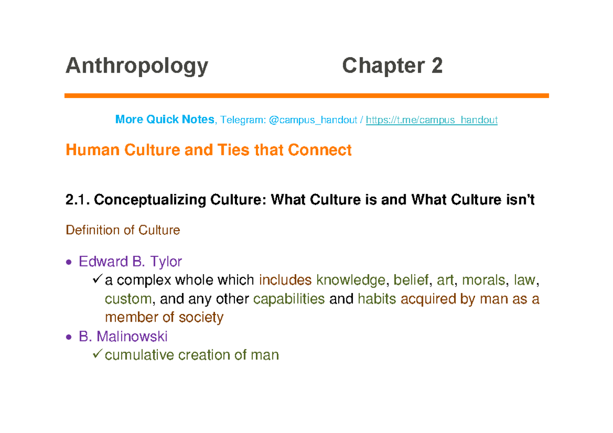 Anthropology 101: Chapter 2 - Quick Notes on Human Culture - Studocu