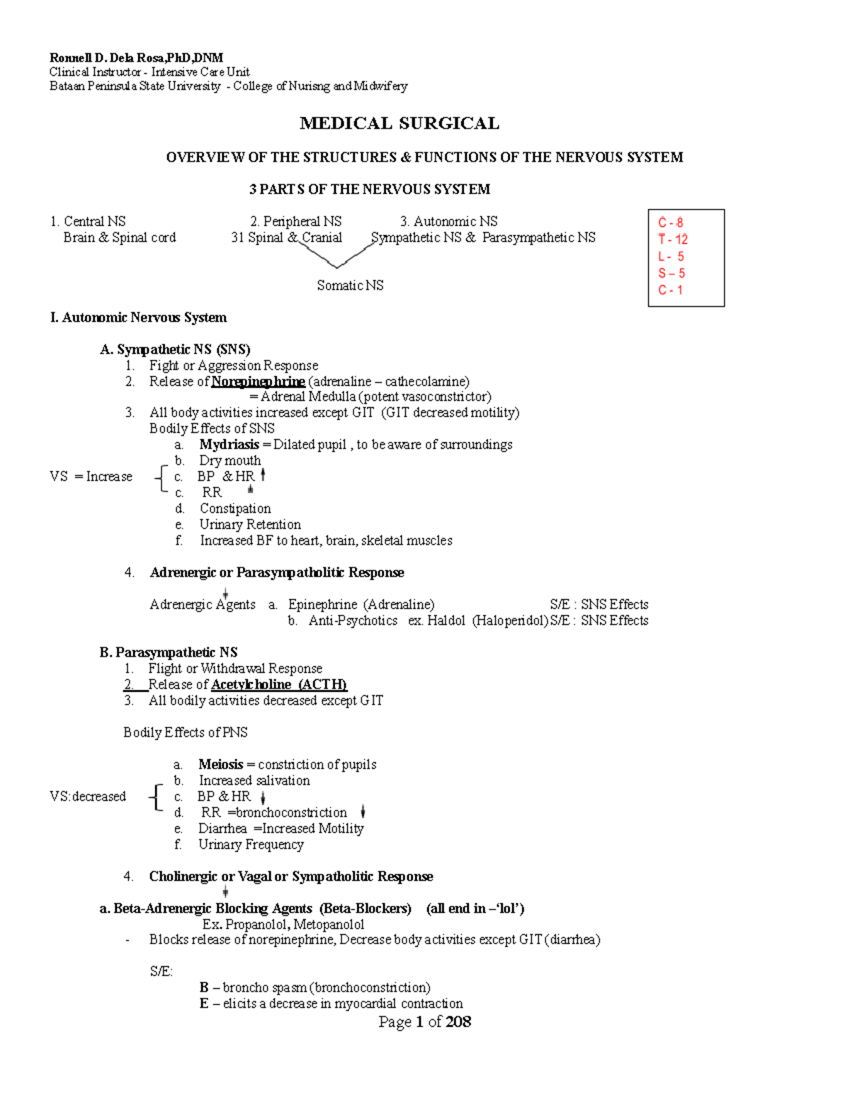 MEDICAL SURGICAL NOTES: OVERVIEW OF THE NERVOUS SYSTEM (ALL) - Studocu