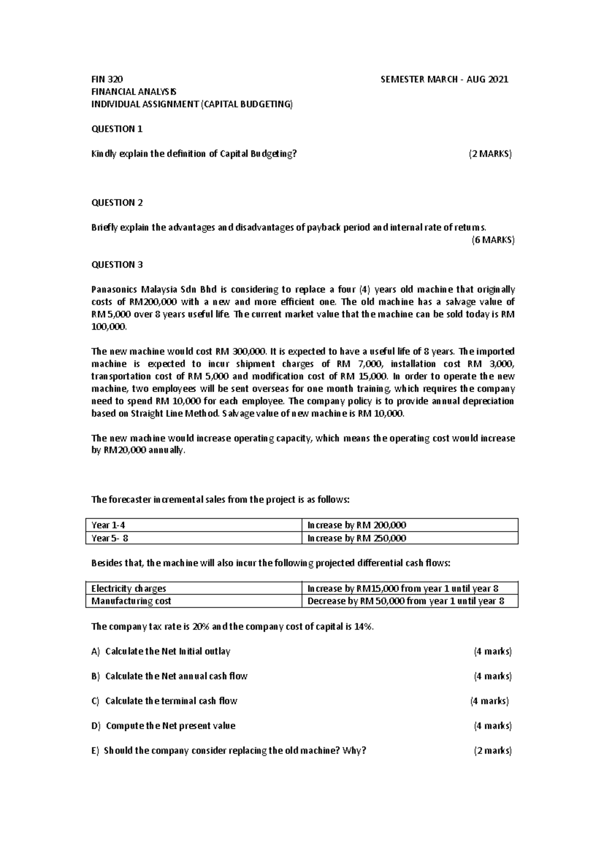 Individual Assignment FIN 320 ( Capital Budgetting) - banking - UiTM ...