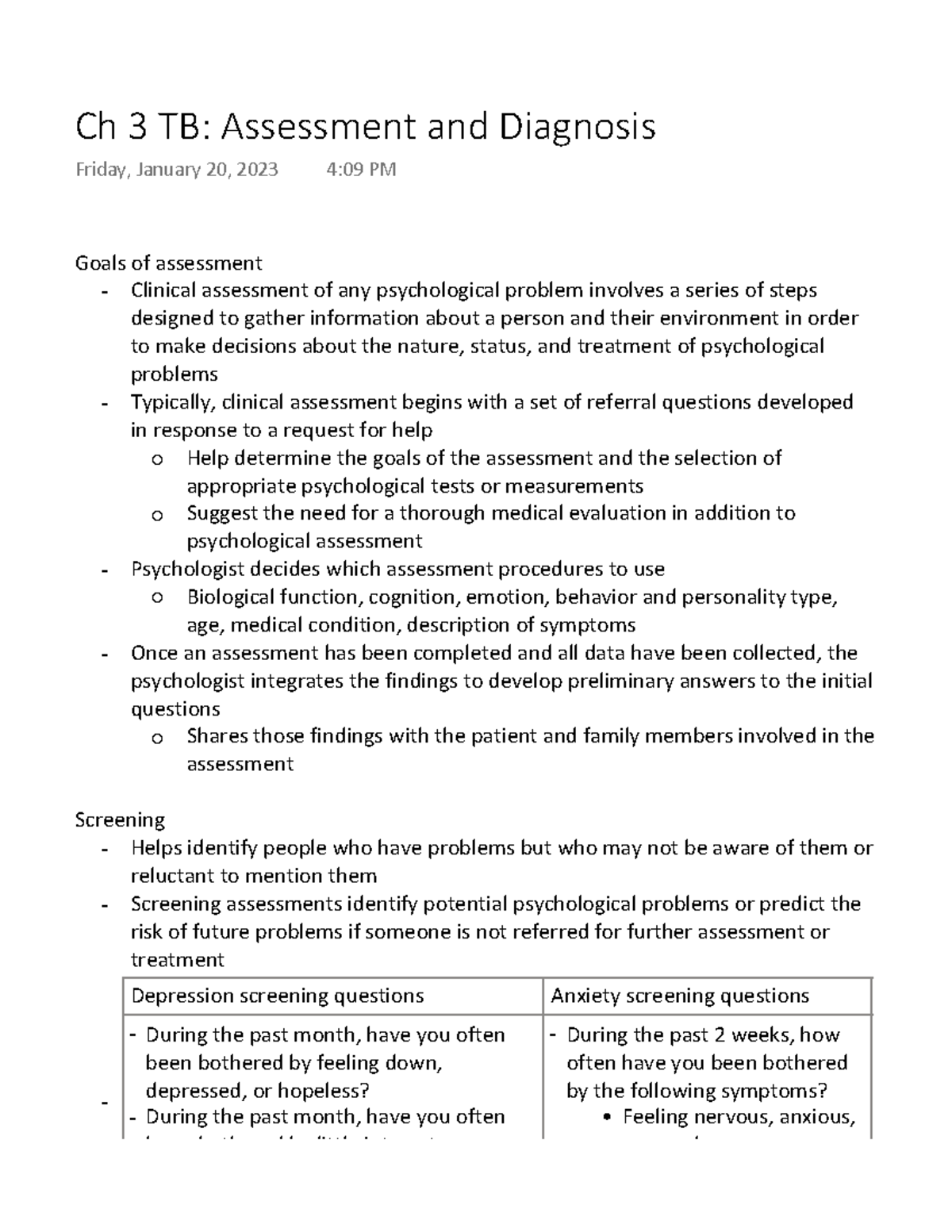 Ch 3: Assessment and Diagnosis - Goals of assessment Clinical ...