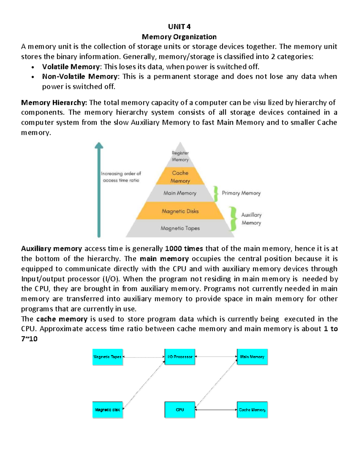 COA Unit 4 - Comprehensive Lecture Notes on Memory Organization - Studocu