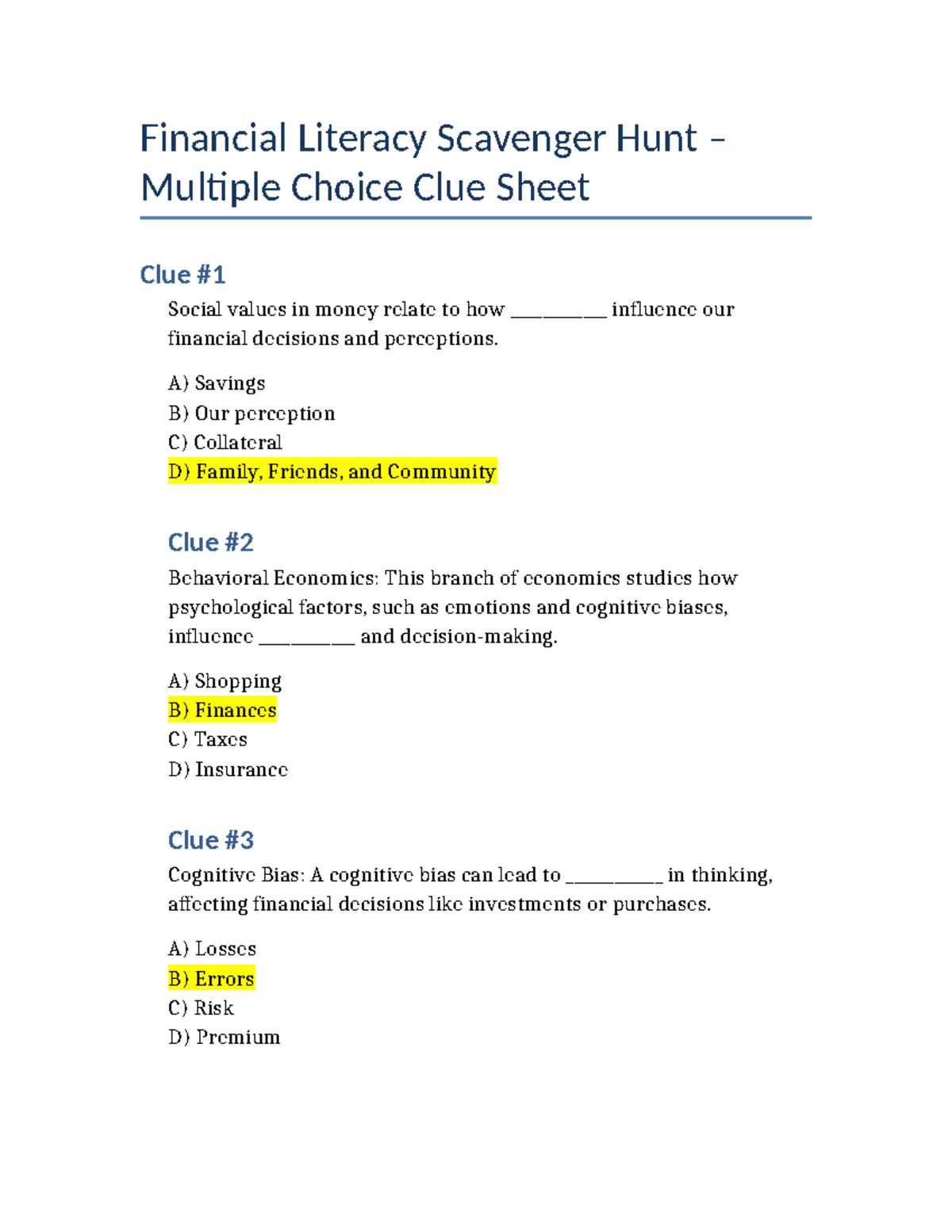 Financial Literacy Scavenger Hunt MCQ Clue Sheet (FIN 101) - Studocu