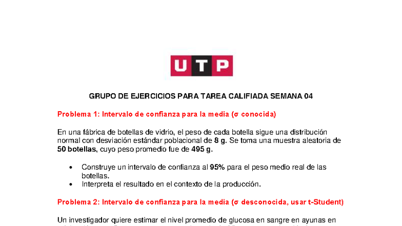 Tarea Calificada SEM04: Ejercicios sobre Intervalos de Confianza - Studocu