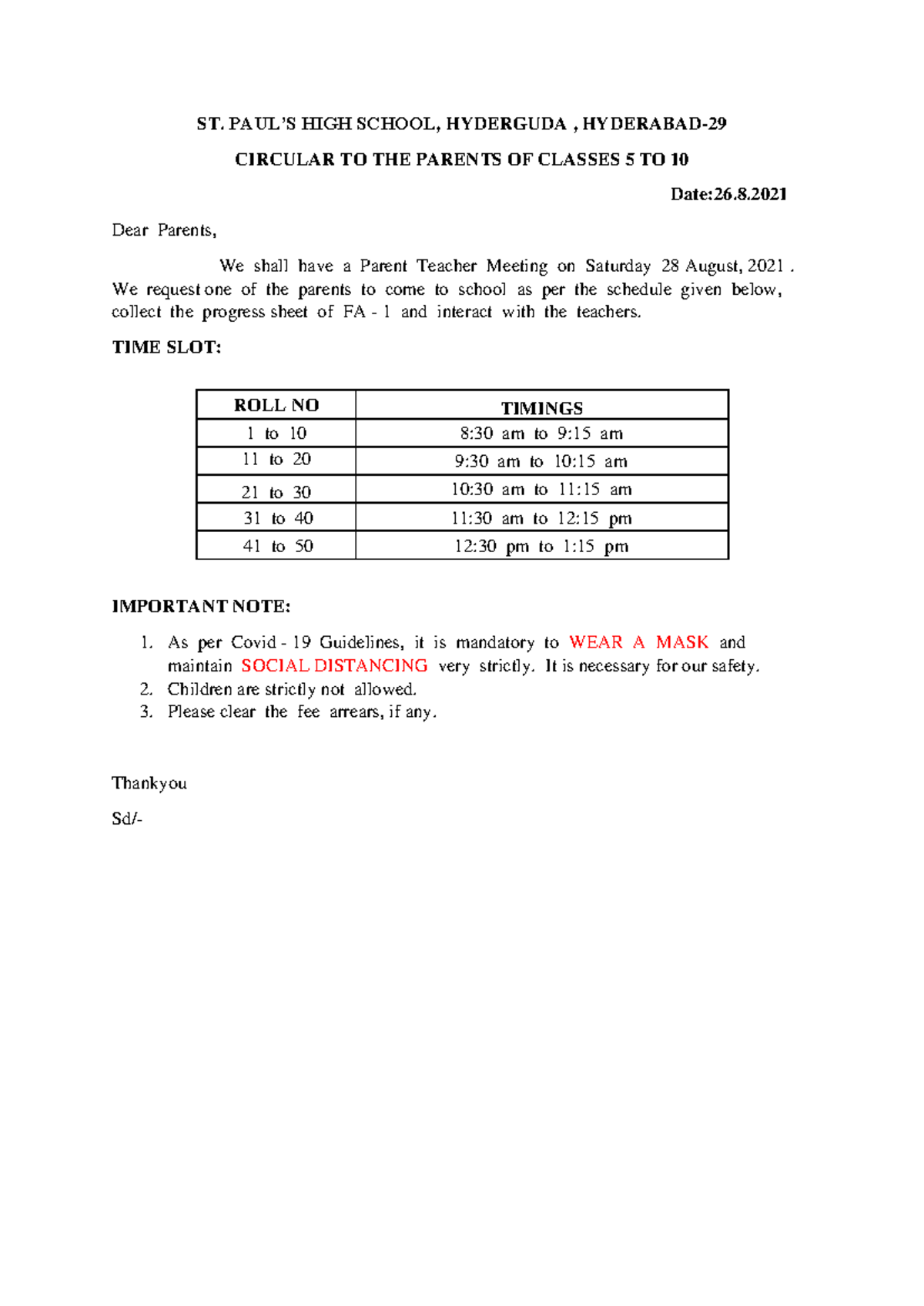 Circular for Parents: PTM Schedule for Classes 5-10 - Studocu