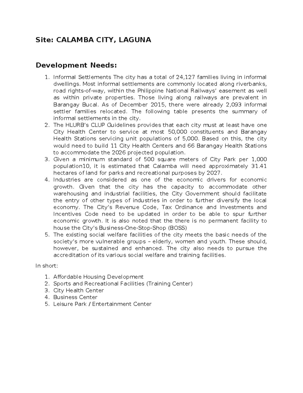 Calamba City Development Needs & Strengths Summary - BS Architecture ...