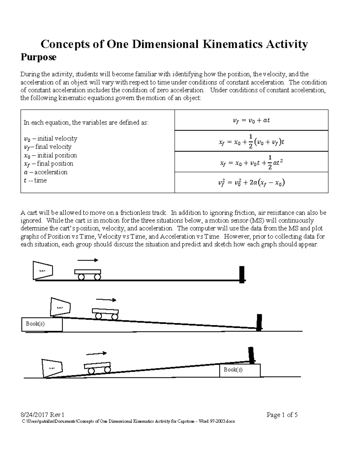 Concepts of One Dimensional Kinematics Activity for Capstone - Concepts ...