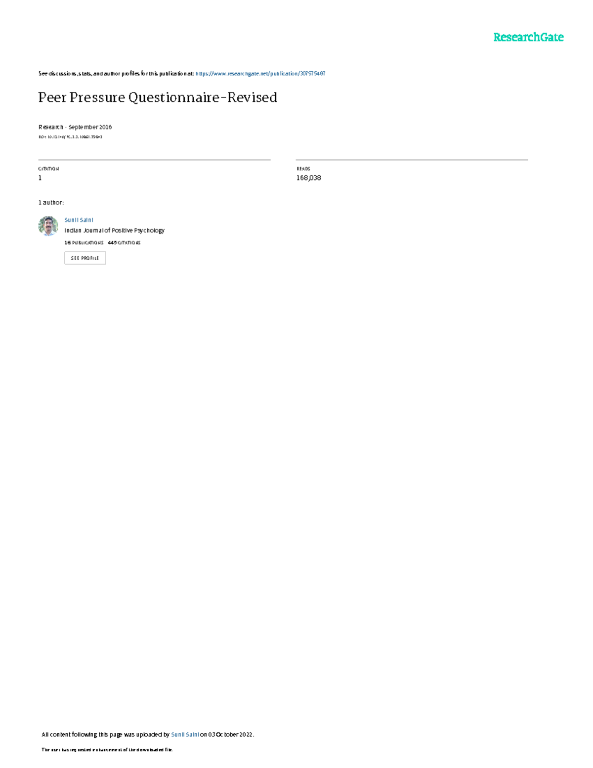 PPSQ - Revised Peer Pressure Questionnaire Sample Overview - Studocu