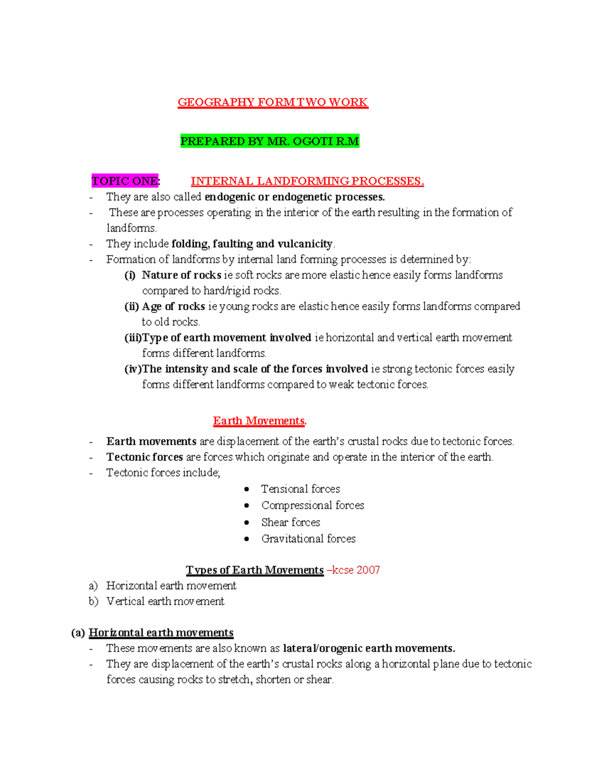 Geography Form Two: Internal Landforming Processes Overview - Studocu