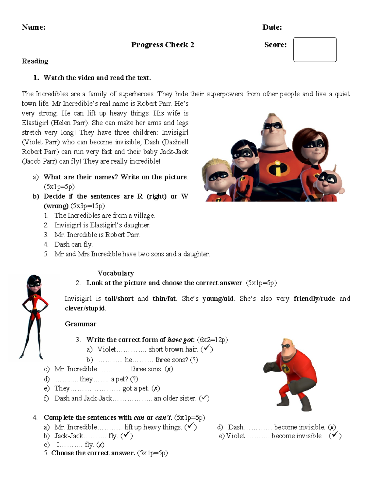 The Incredibles Progress Check 2: Reading Comprehension Exercises ...