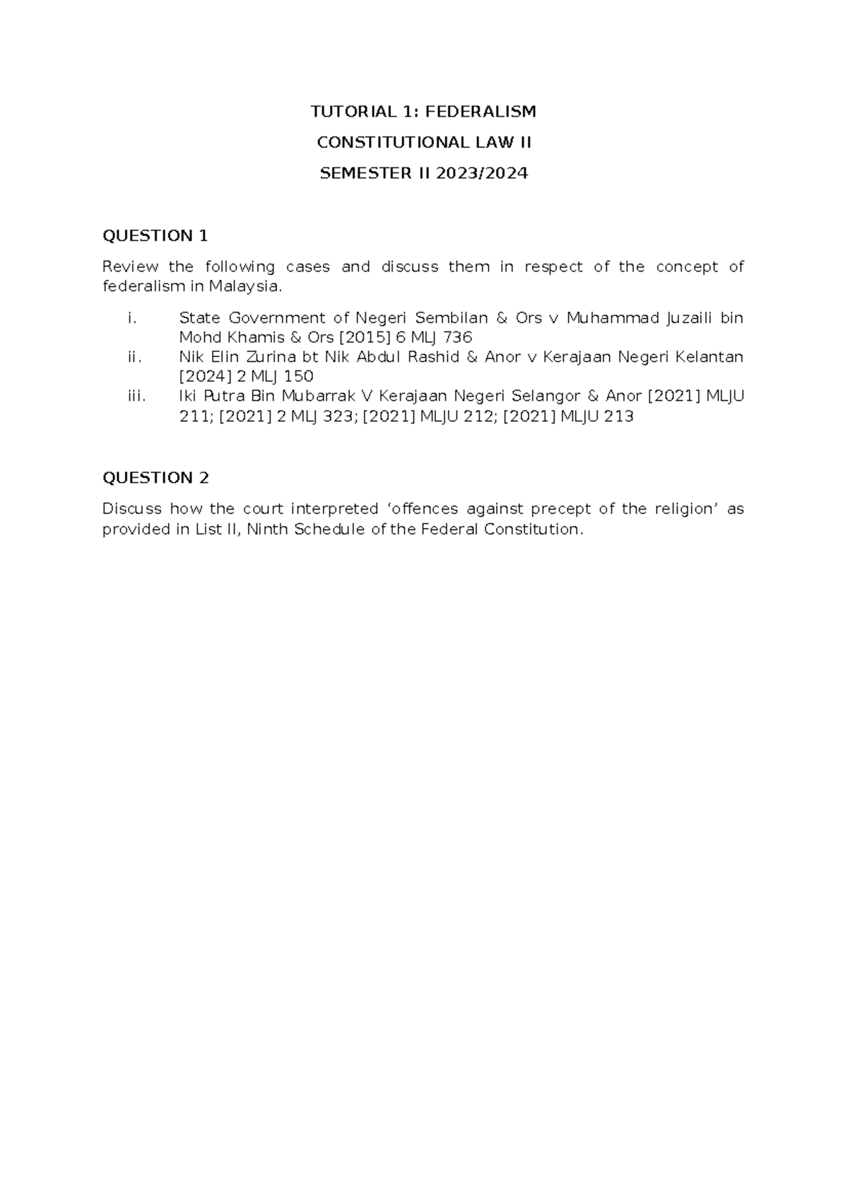 TUTORIAL 1: FEDERALISM IN CONSTITUTIONAL LAW II SEM II CASE ANALYSIS ...