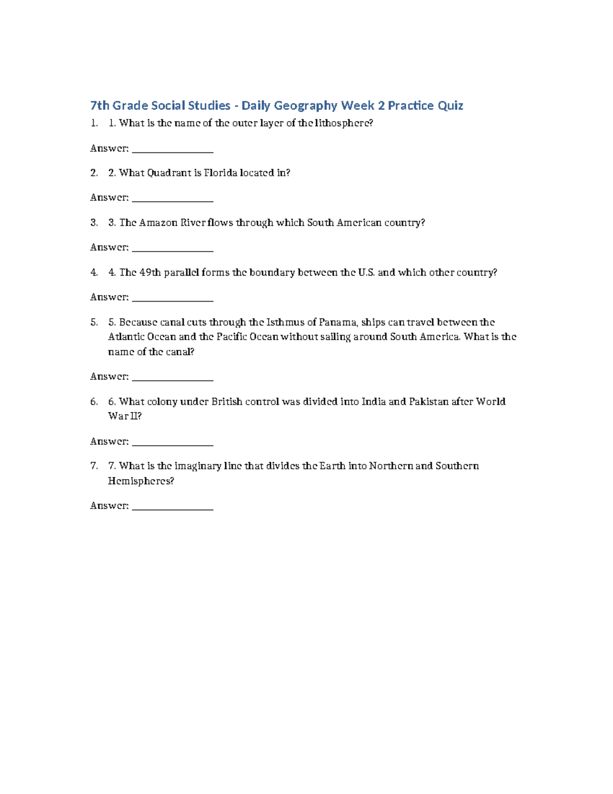 7th Grade Social Studies Daily Geography Week 2 Quiz - Studocu