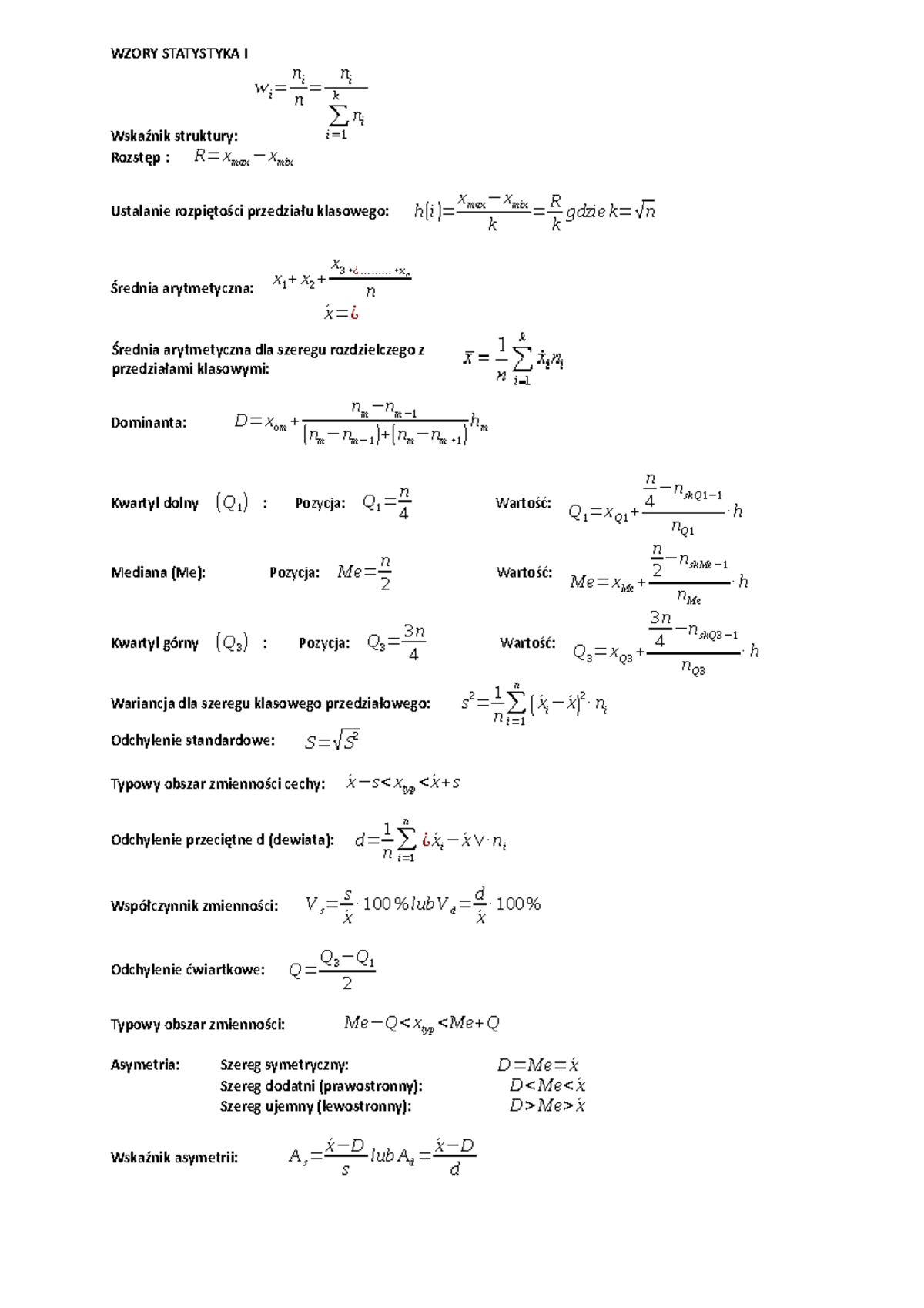 Wzory statystyka na egzamin - WZORY STATYSTYKA I Wskaźnik struktury: wi ...