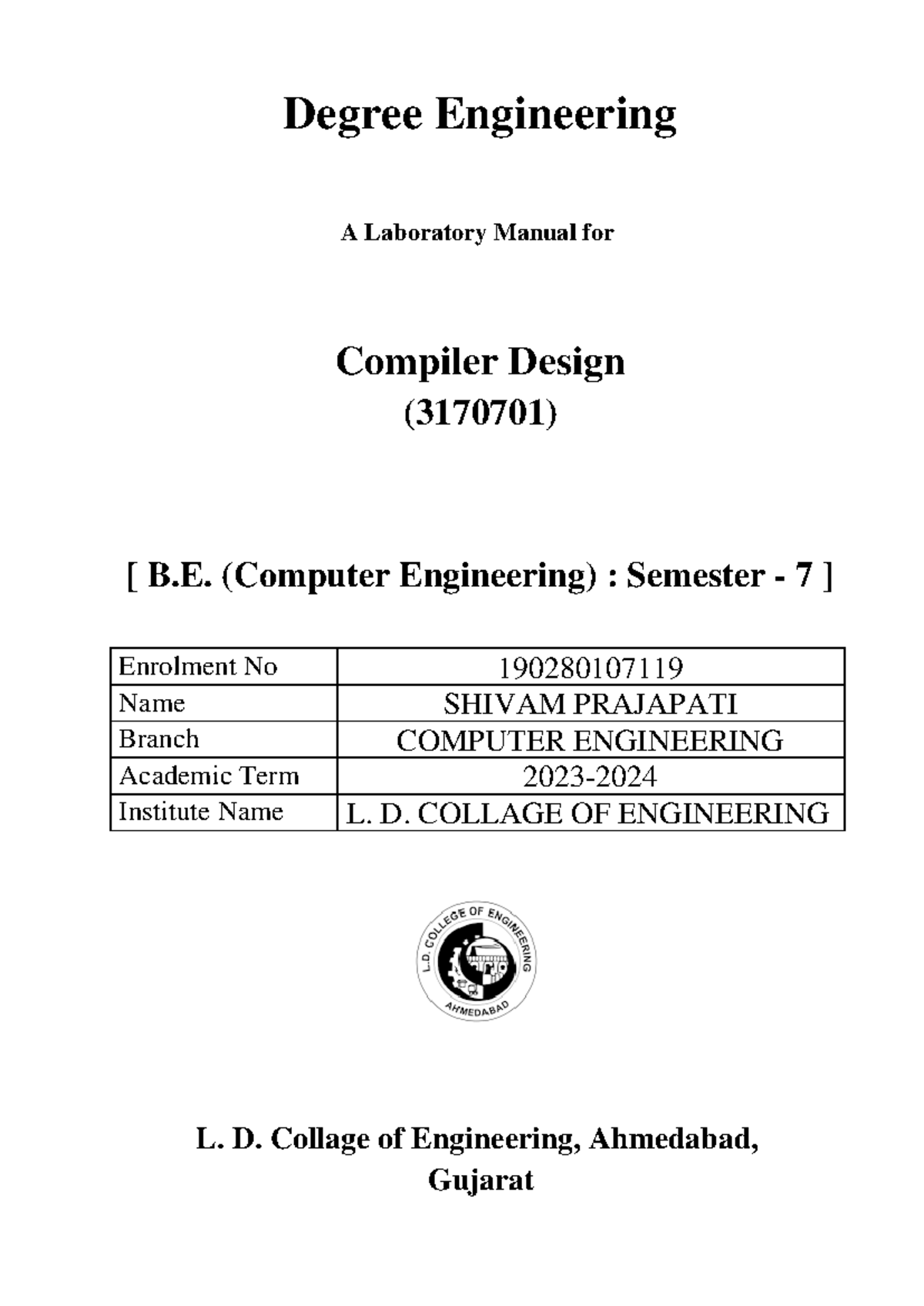 Compiler Design Practical Manual 3170701 For Be Semester 7 Studocu