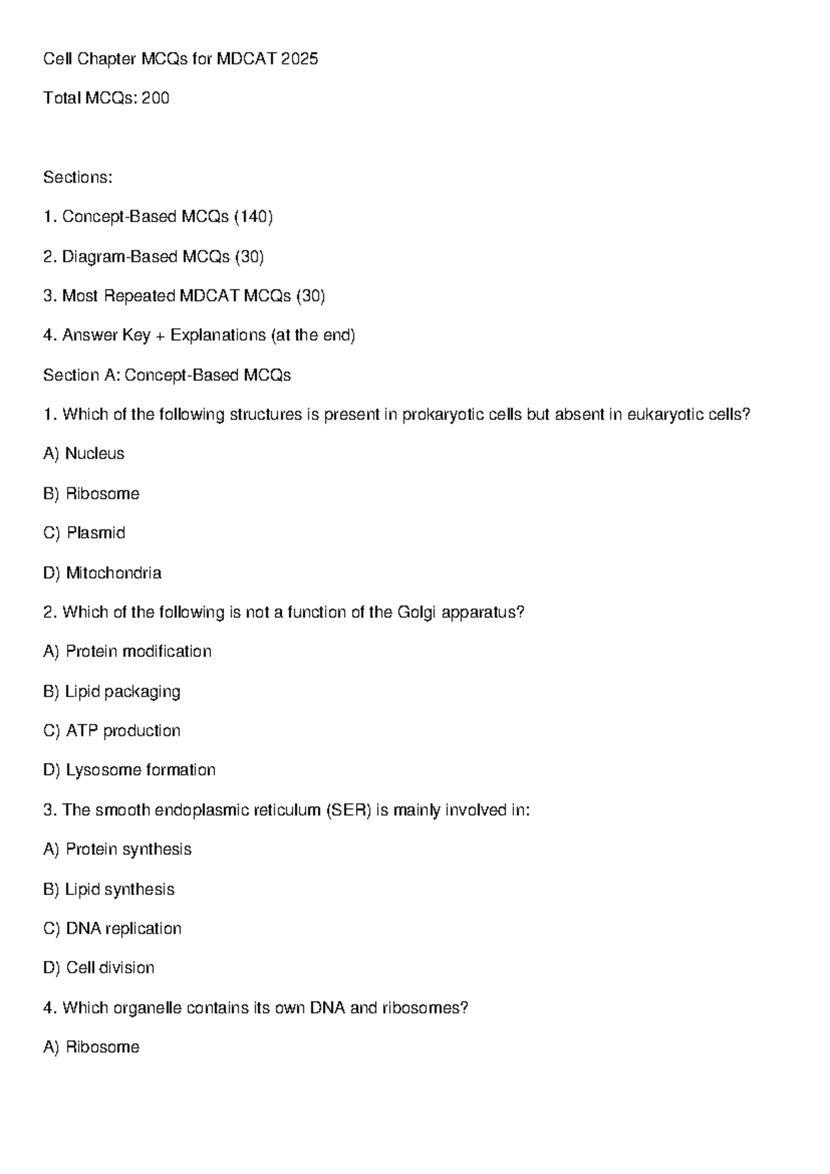 Cell Chapter MCQs for MDCAT 2025: 200 Questions & Answers - Studocu