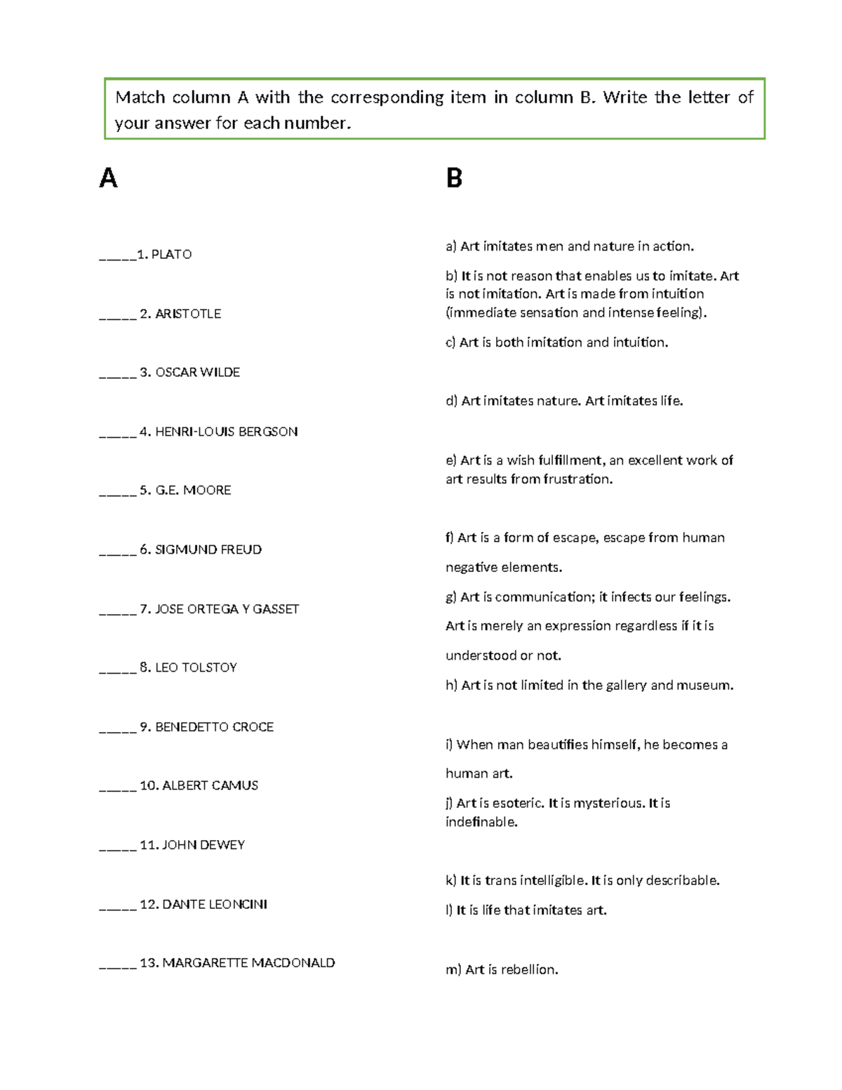 2nd Quiz Test 2 - Match Philosophers with Art Theories - Studocu