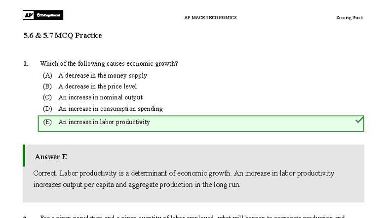 AP MACROECONOMICS 5.6 & 5.7 MCQ Practice Answers Guide - Studocu