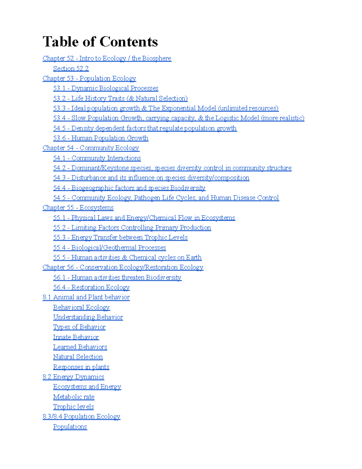 Biology 8th ed. - Campbell & Reece CH 52-56 - Table of Contents Chapter ...