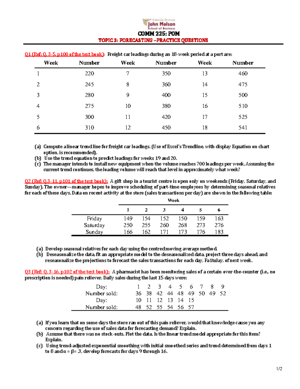 COMM 225: POM Topic 3 - Forecasting Practice Questions and Solutions - Studocu
