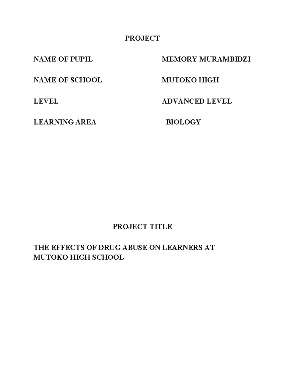 Biology Project A-Level: Effects of Drug Abuse on Learners at Mutoko ...