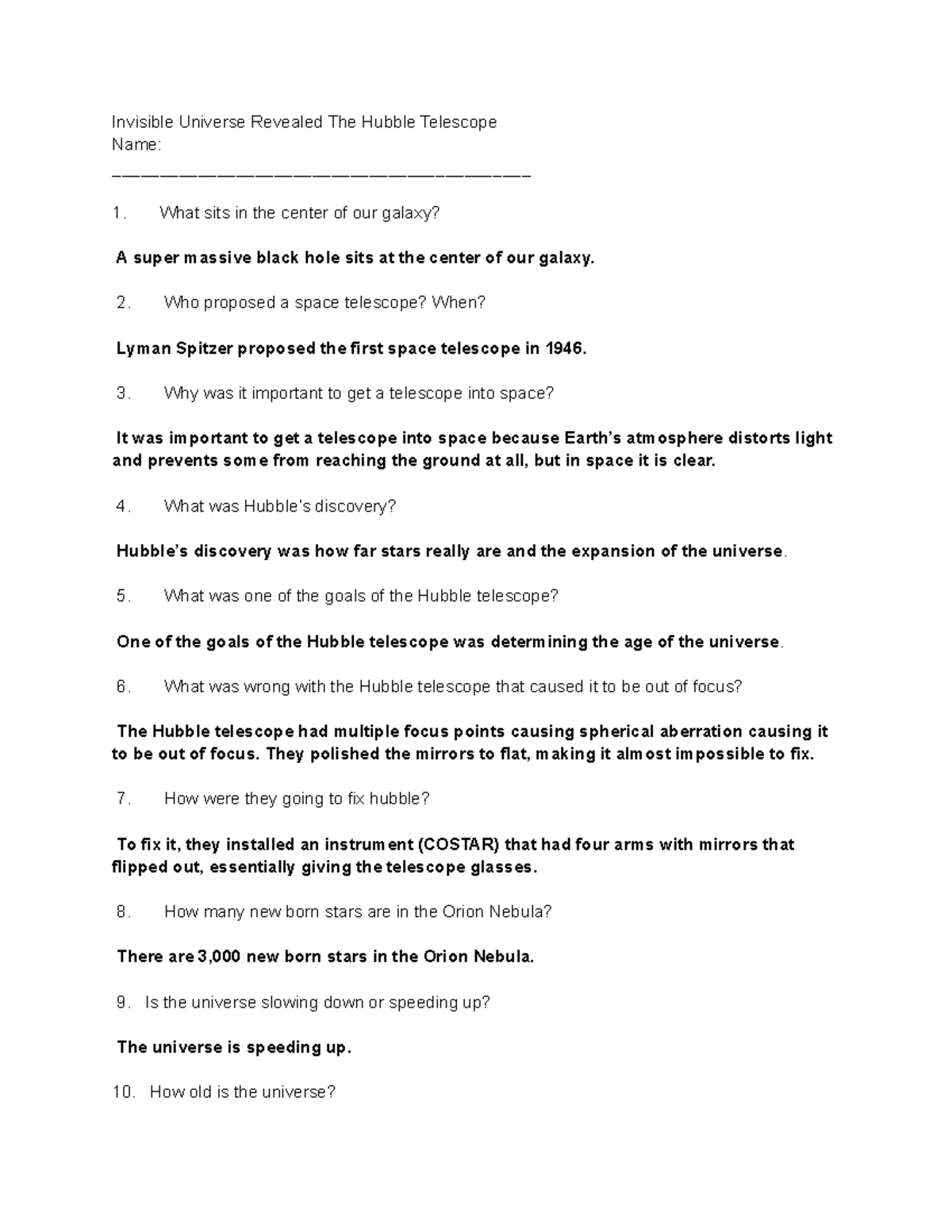 Invisible Universe Revealed The Hubble Telescope Worksheet - Invisible ...