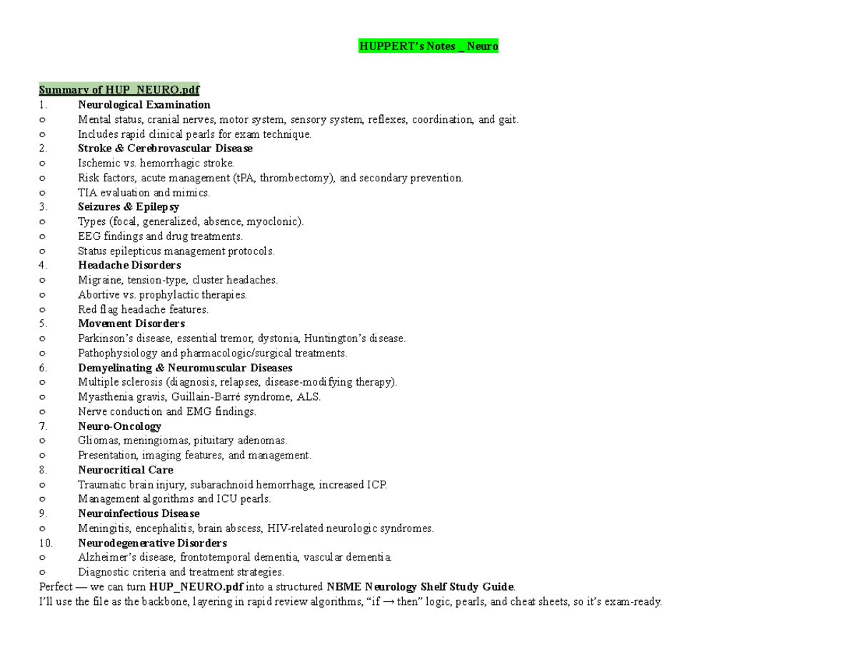 NBME Neurology Shelf Study Guide: Key Concepts & Clinical Pearls - Studocu