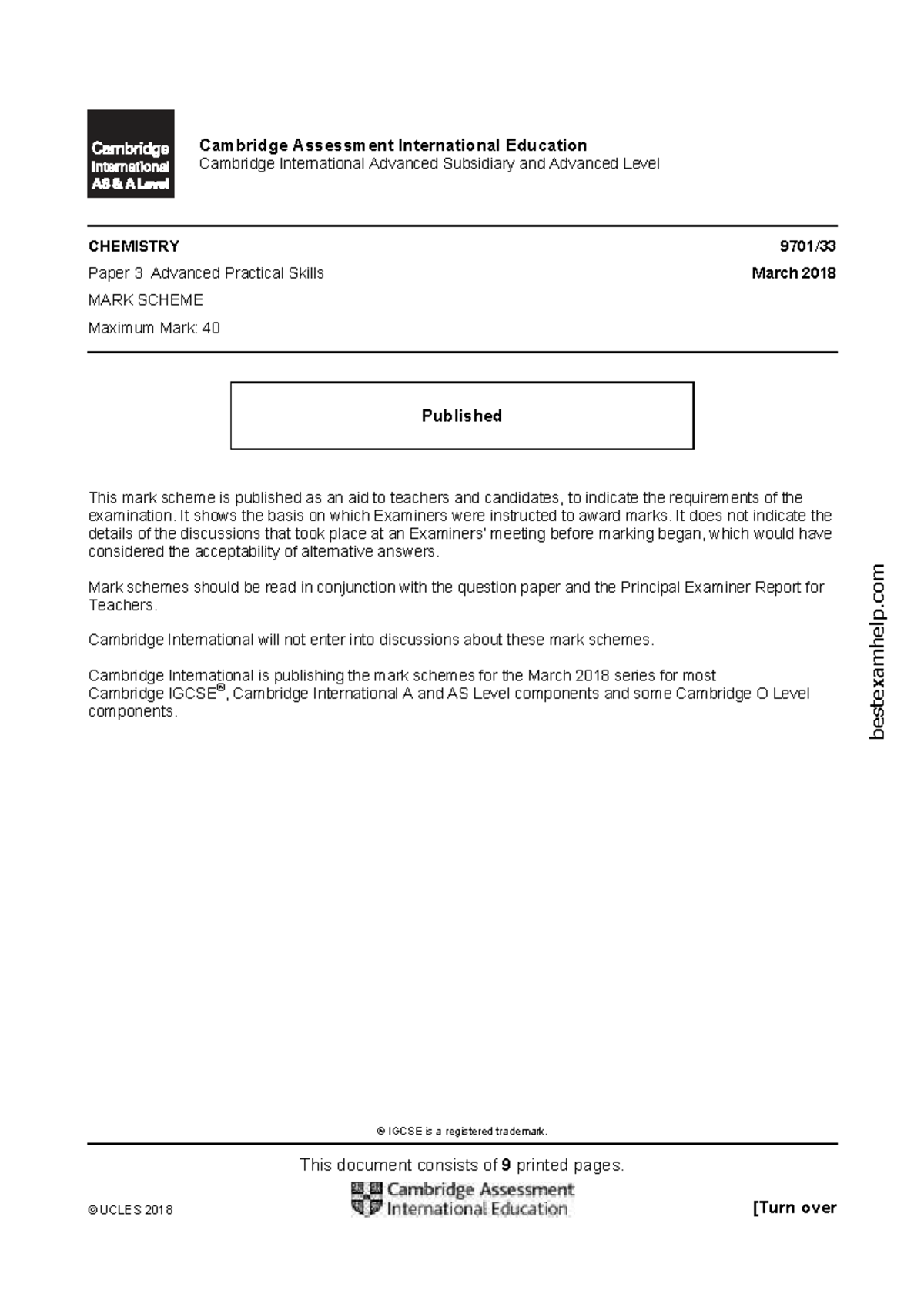 Cambridge International A Level CHEMISTRY 9701 March 2018 Paper 3 Mark ...