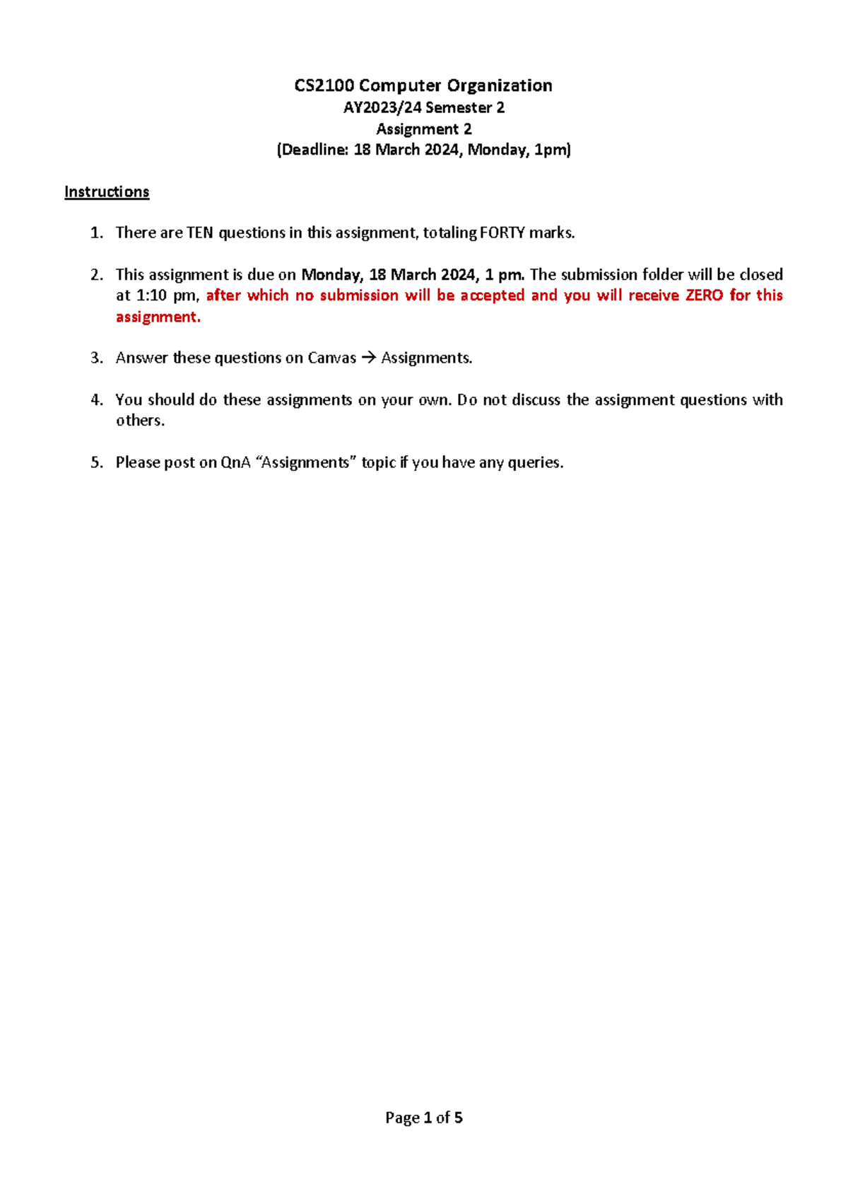 CS2100 Computer Organization Sem 2 Assignment 2 Questions - Studocu