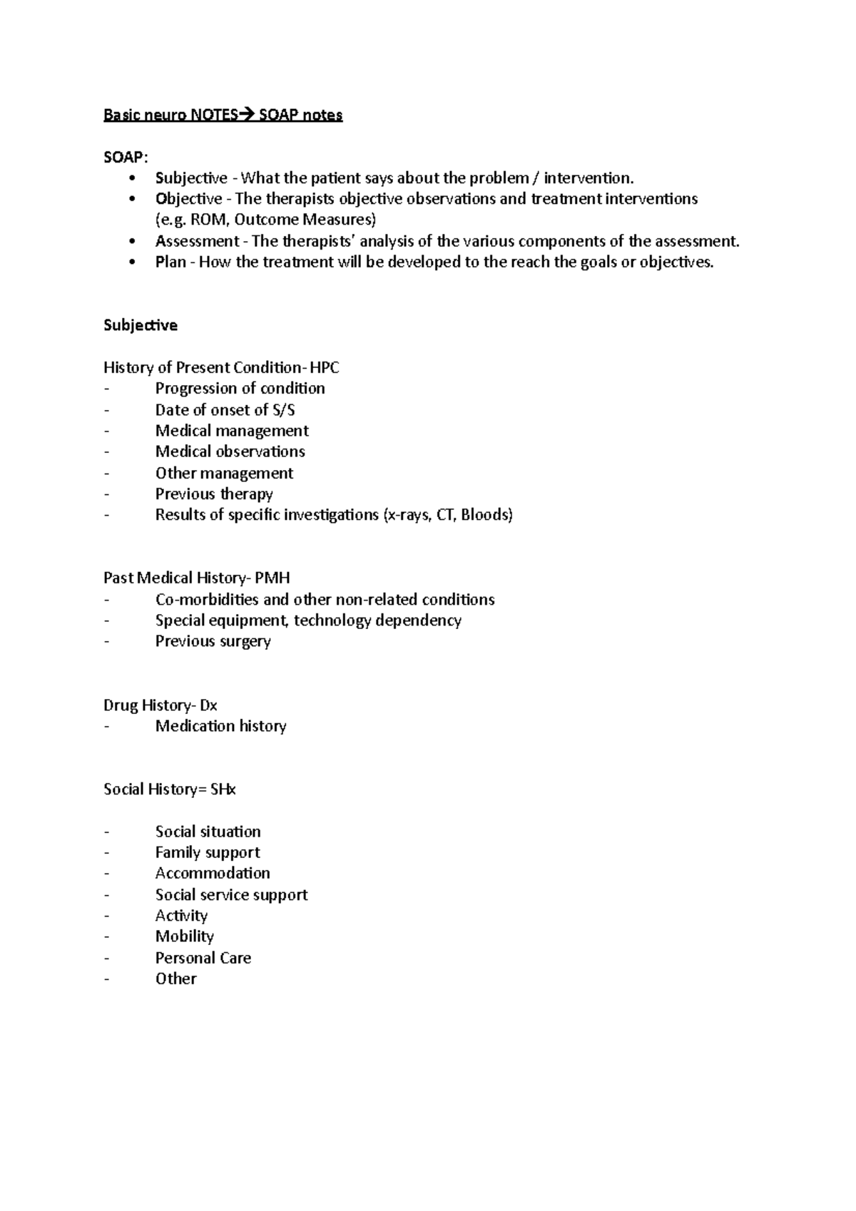 Physiotherapy Neuro SOAP Notes Overview and Guidelines - Studocu